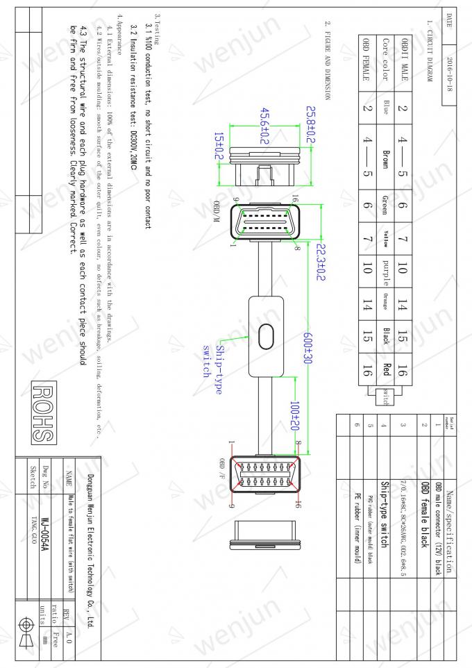 Flat OBD OBD2 Extension Cable With Switch 16 Pin Male To Female